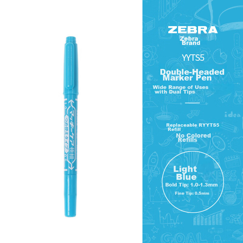 ZEBRA Quick-Drying Oil-Based Dual-Tip Marker Pen, Multi-Purpose Signature Pen, CD Pen, Line Drawing Pen, YYTS5, Light Blue
