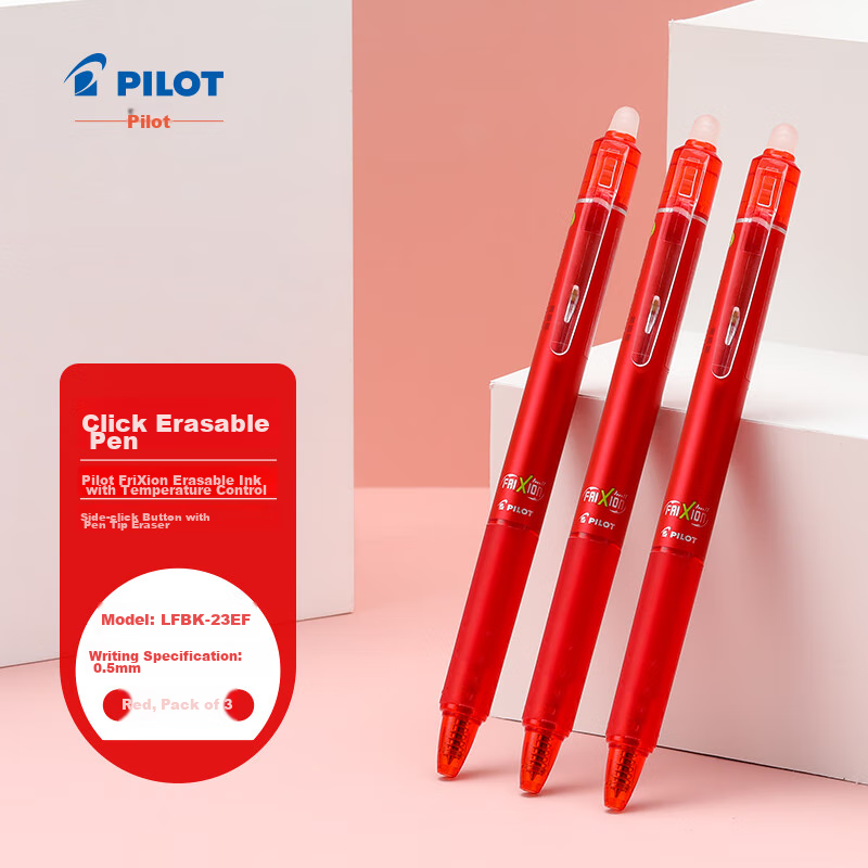 PILOT Retractable Erasable Gel Pen, Bullet Tip, Office Stationery, Temperature-Controlled Erasable Ink Pen, LFBK-23EF 0.5mm, Red, 3-Pack