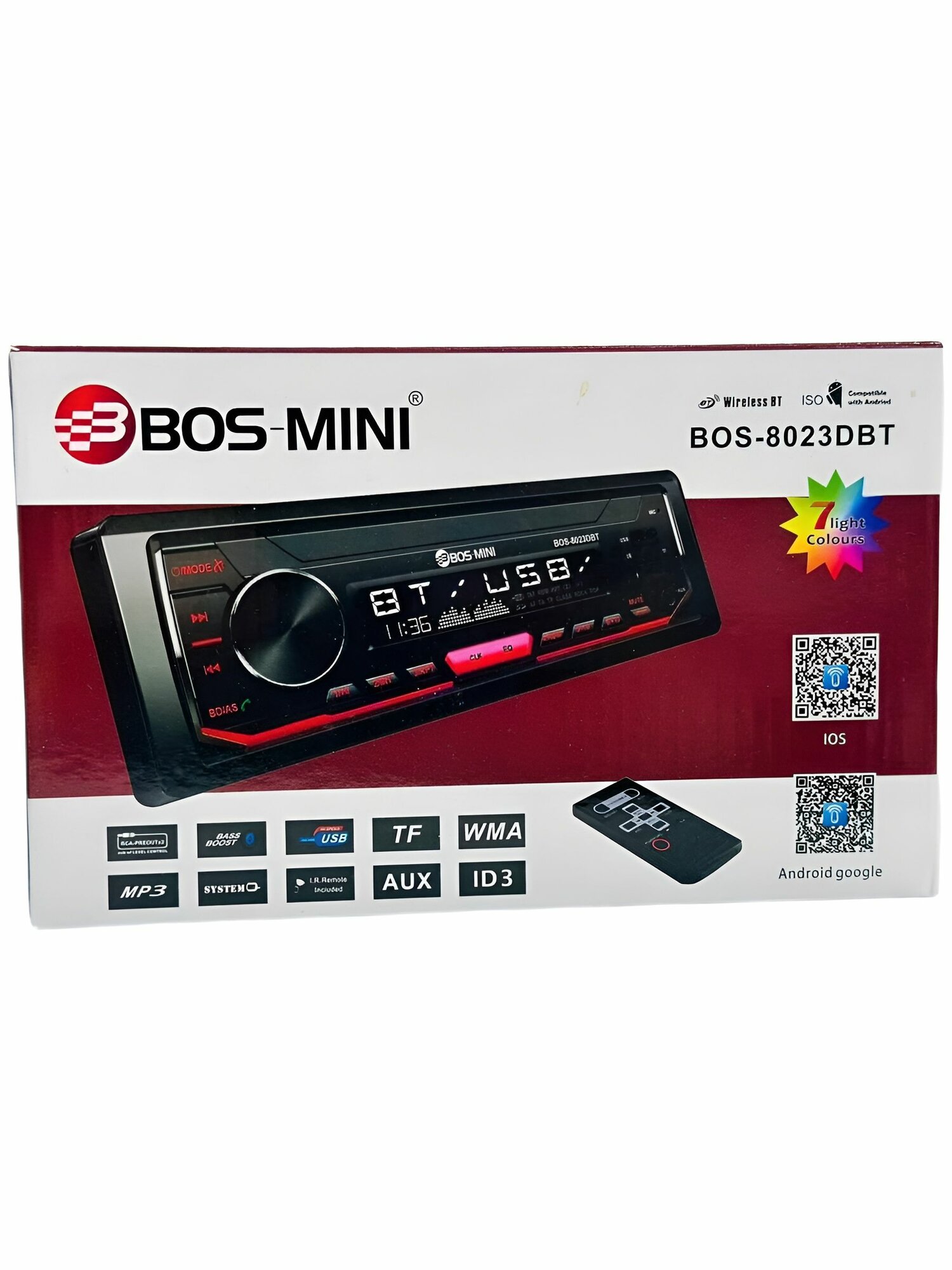 Универсальная Автомагнитола 1DIN BOS-MINI 8023DBT, Bluetooth, RGB дисплей, USB, AUX