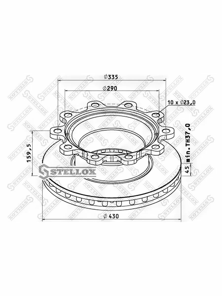 Диск тормозной, для БПВ (прицепы) артикул 8500809SX бренд Stellox. Дополнительно: 430 290x45 159.5 10n-335-23 вент, без креплен. ротора ABS суппорт SB(Knorr). BPW