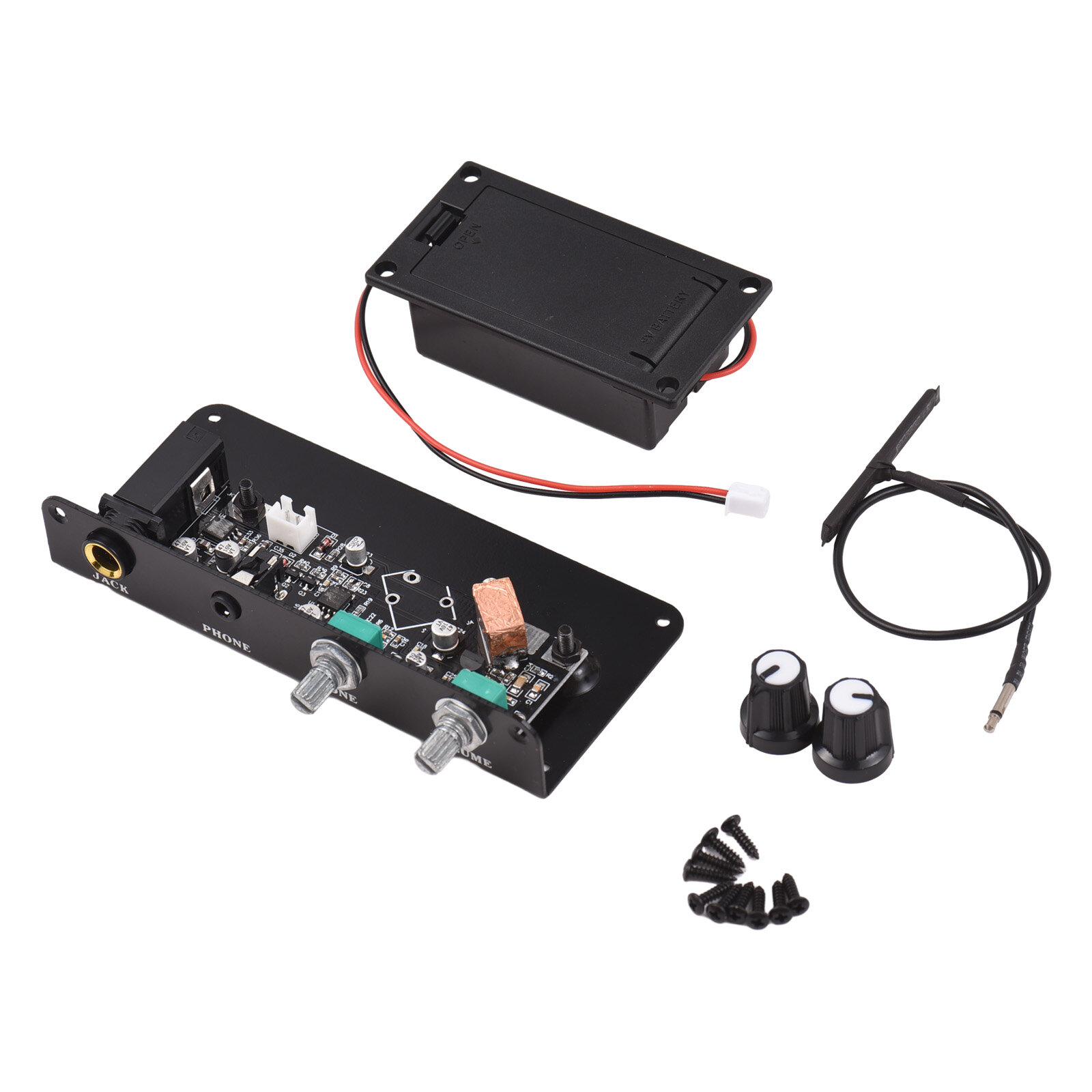 Бесшумный звукосниматель для скрипки, эквалайзер, пьезоэлектрический предусилитель с выходом для наушников, регулировкой тембра и громкости.