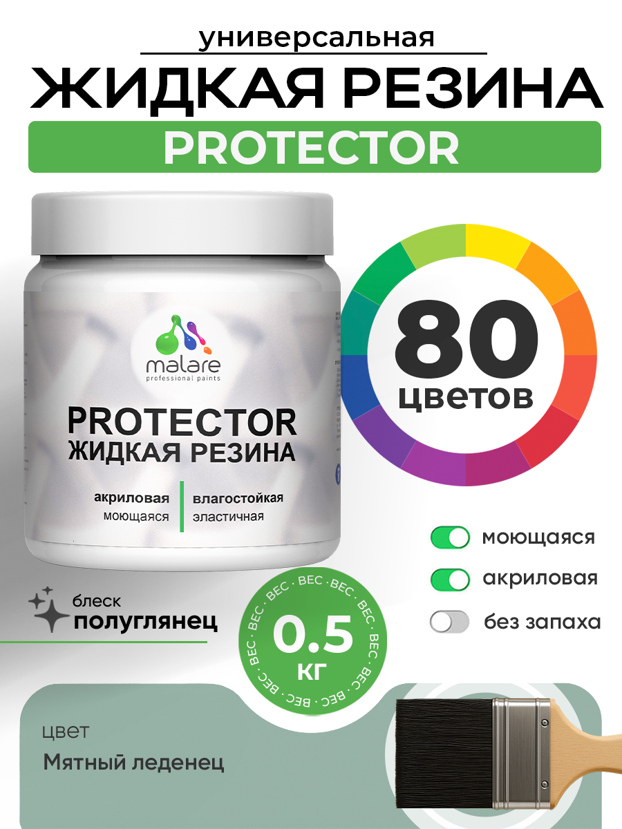 Жидкая резина Malare PROTECTOR, эластичная резиновая краска для внутренних и наружных работ, универсальная для дерева, бетона, металла, быстросохнущая, влагостойкая, полуглянцевая, мятный леденец, 0.5 кг