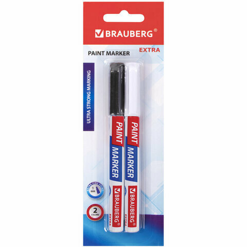 Маркер-краска лаковый EXTRA (paint marker) 1 мм, набор 2 цвета, белый/черный, усиленная нитро-основа, BRAUBERG, 151990