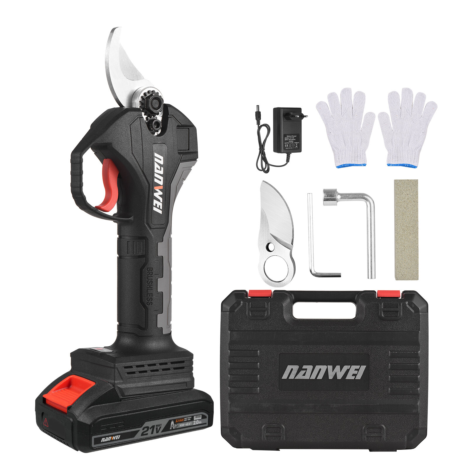 Бесщеточные аккумуляторные электрические секаторы 21 В, перезаряжаемая литиевая батарея 10 Ач, садовые ножницы для обрезки веток деревьев, диаметр резки 30 мм, со сменным лезвием, 2000 мАч.