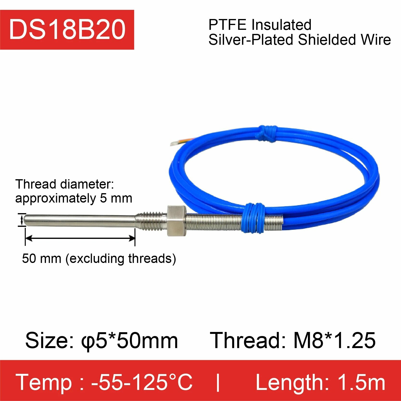Датчик температуры DS18B20 CERTEON, нержавеющая сталь, синий кабель