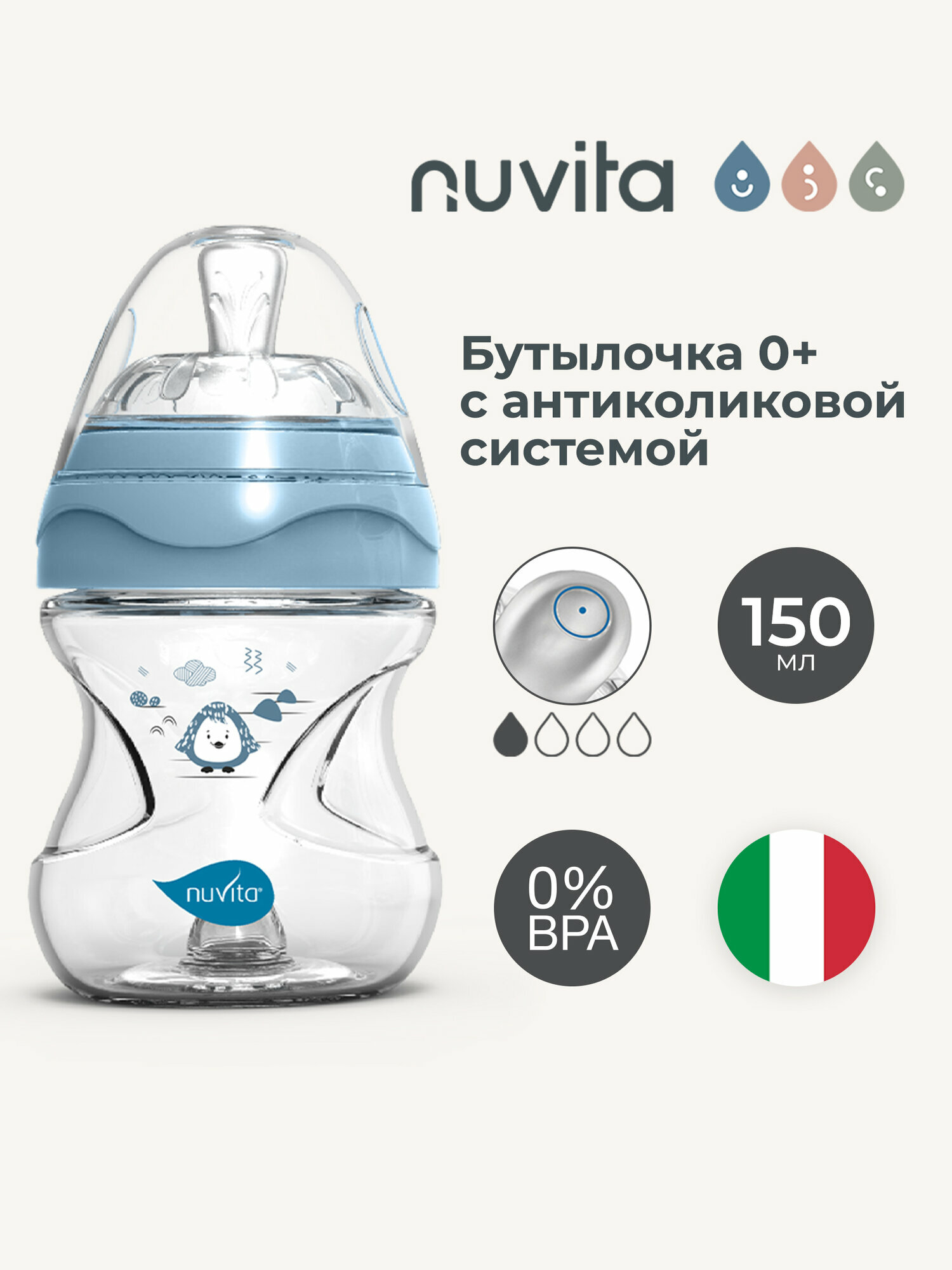 Бутылочка антиколиковая для кормления новорожденных Nuvita Materno Feel 150 мл, пластиковая, с медленным потоком, голубой