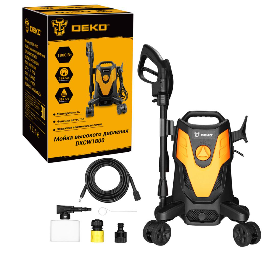 Мойка высокого давления DEKO DKCW1800, алюминиевая помпа, длина шланга 10 м