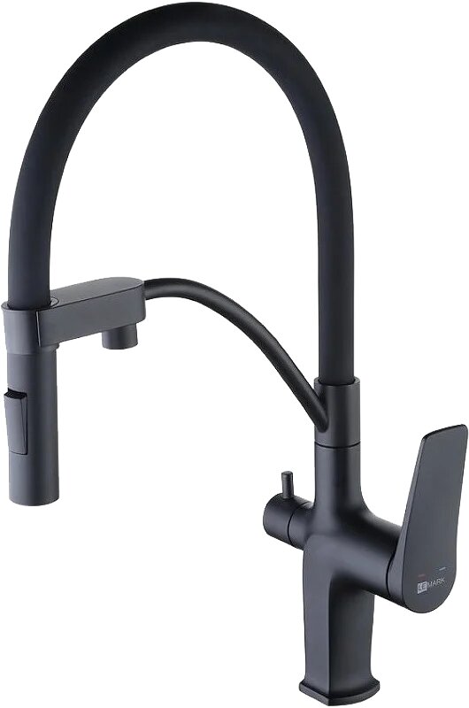 Смеситель для кухни Lemark Bronx LM3761BL с гибким изливом, с краном для питьевой воды, с поворотным изливом, черный, матовый, однорычажный, латунный, с керамическим картриджем