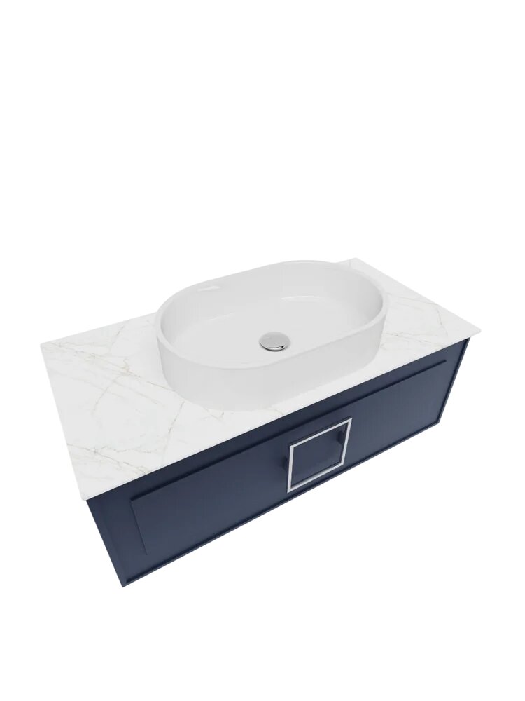 Тумба под раковину со столешницей La Fenice Cubo 100 подвесная, синяя, столешница белый мрамор