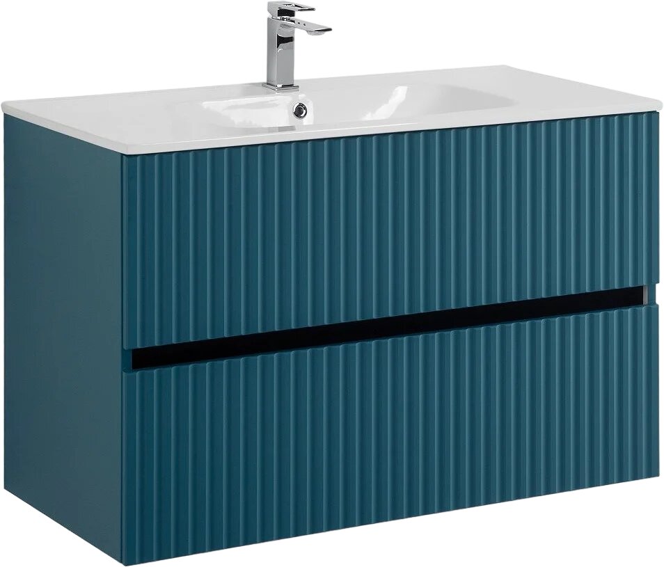 Тумба с раковиной Art&Max Турин (Torino) 90 подвесная, 91 см, голубая, матовая, из МДФ, с ящиками, раковина для ванной, фарфоровая, прямоугольная, встроенный слив-перелив