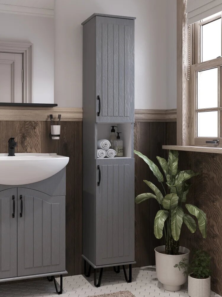 Шкаф-пенал для ванной DIWO Сочи 30 напольный, 30 см, серый, глянцевый, шкаф пенал с полками, с дверками, из МДФ, фурнитура черная, в стиле ретро