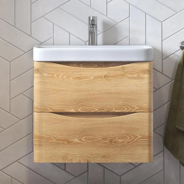 Тумба с раковиной Velvex Clay 60.2Y подвесная, 61 см, светлое дерево, матовая, из МДФ, с ящиками, раковина для ванной, фаянсовая, прямоугольная, встроенный слив-перелив