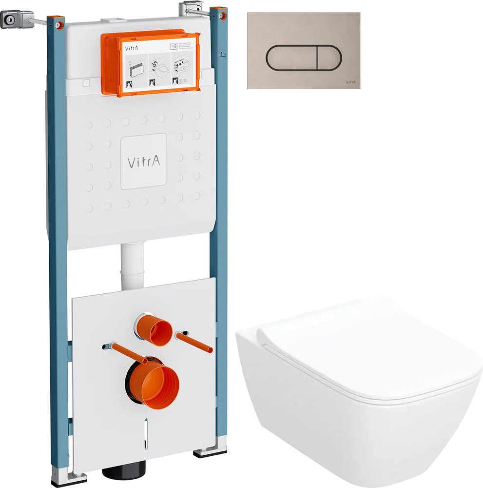 Комплект 3 в 1 Унитаз подвесной Geberit Smyle Square 500.685.01.1 / Инсталляция VitrA Ви-Фикс Кор (V-Fix Core) 732-5800-01PV / Кнопка Рут Раунд (Root Round) 740-2295 цвет никель