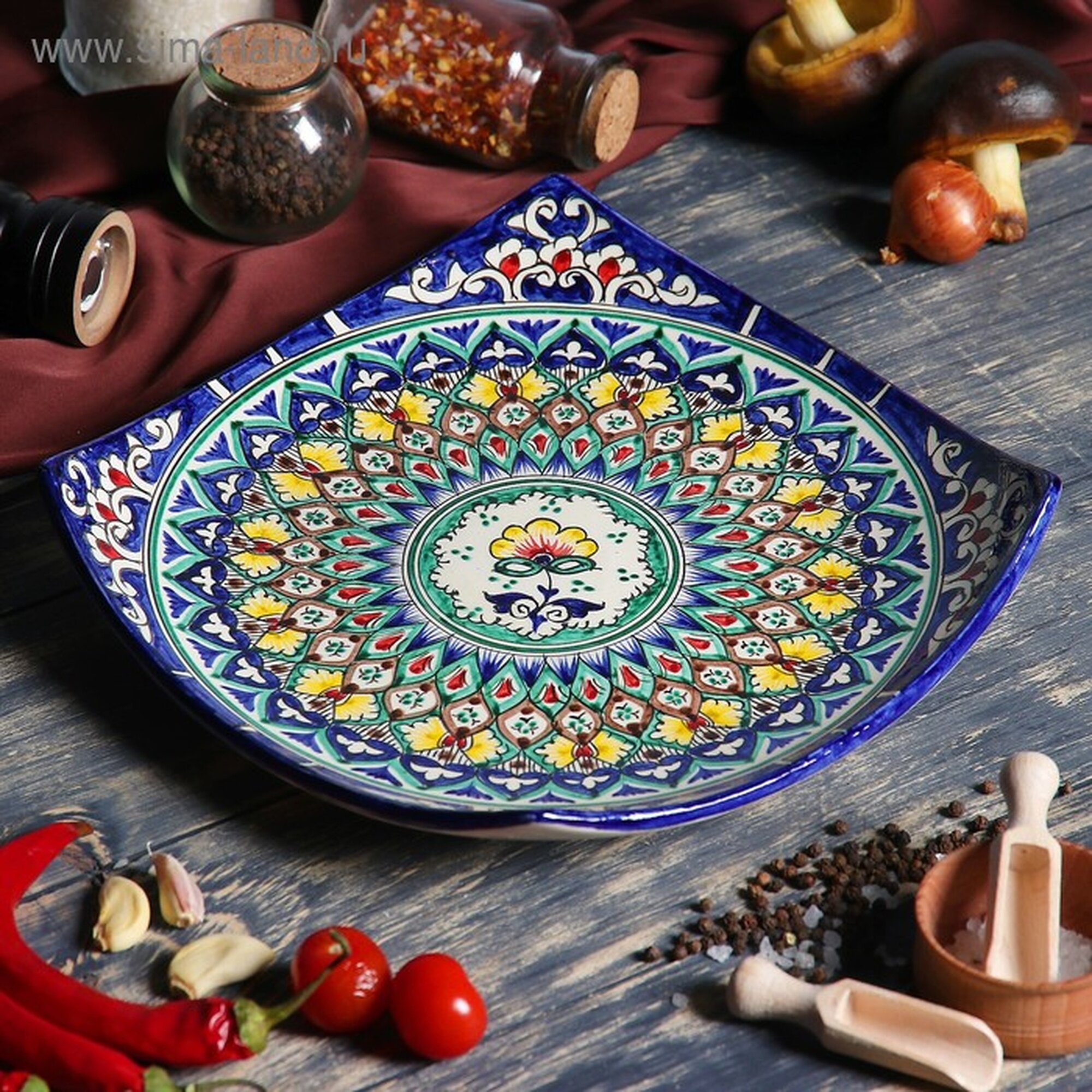 Ляган Шафран "Узоры" Риштан, керамика, 25см, квадратный, с рисунком, синий