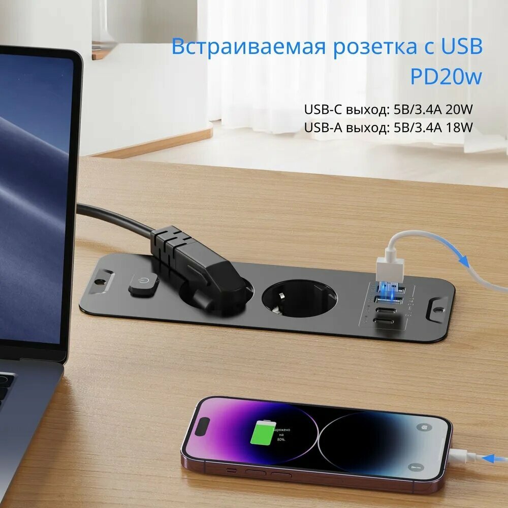 HITRENDS Встраиваемый удлинитель с 2 розетками и 2 USB + 2 Type-C (быстрая зарядка), выключатели, 4000W 16A 250V, огнестойкий и пылезащитный