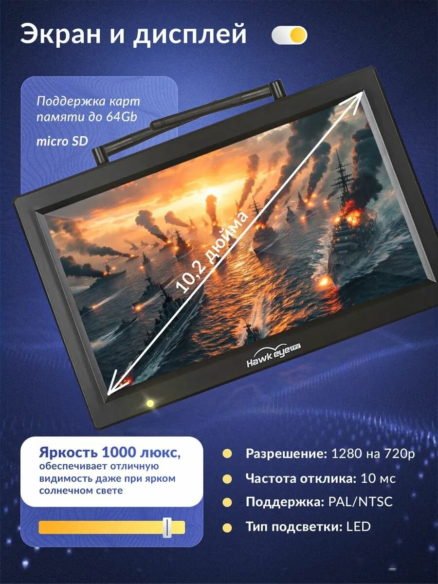 FPV LCD монитор 10.2 дюйма 96 каналов с приемником 5.8G видеозапись AVI, 720