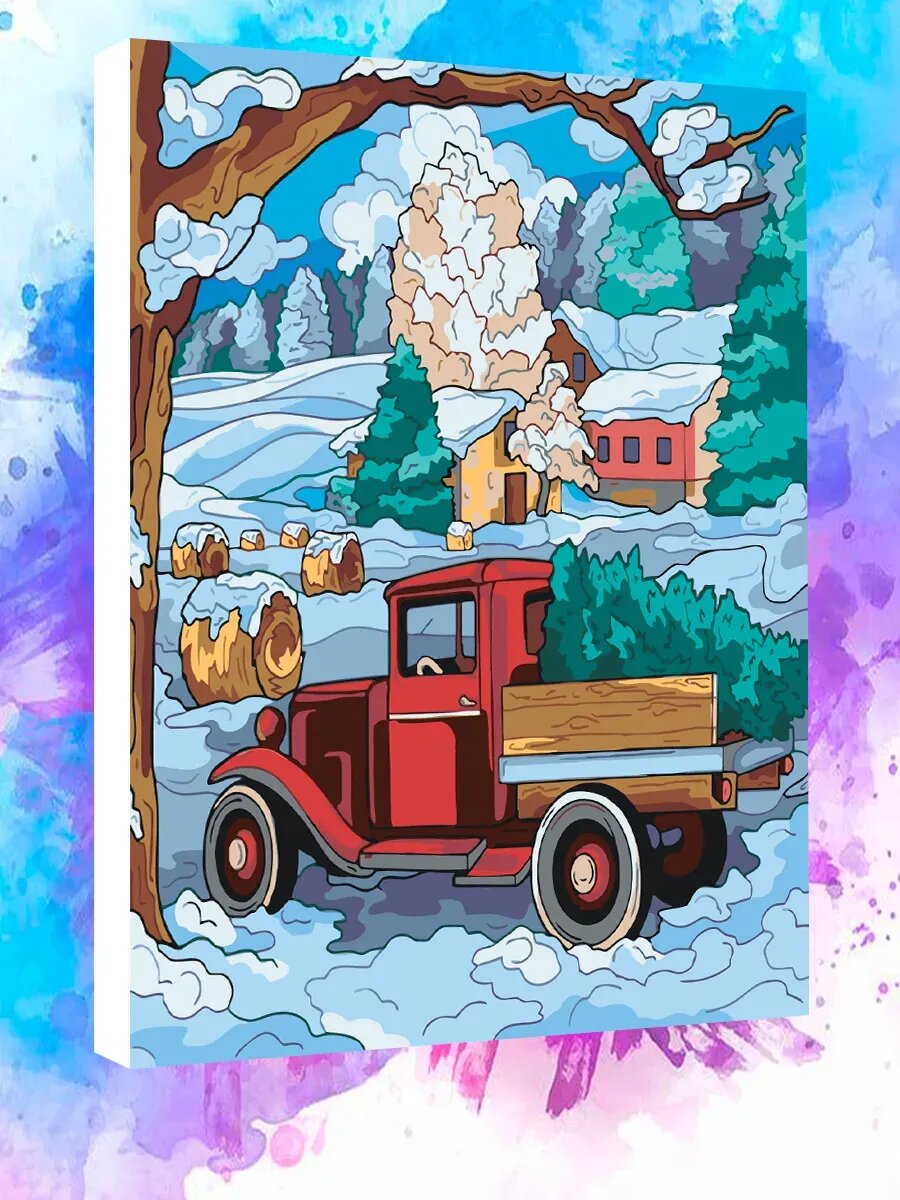 Картина по номерам Машина Елка Деревня Зима_Природа Рисунок