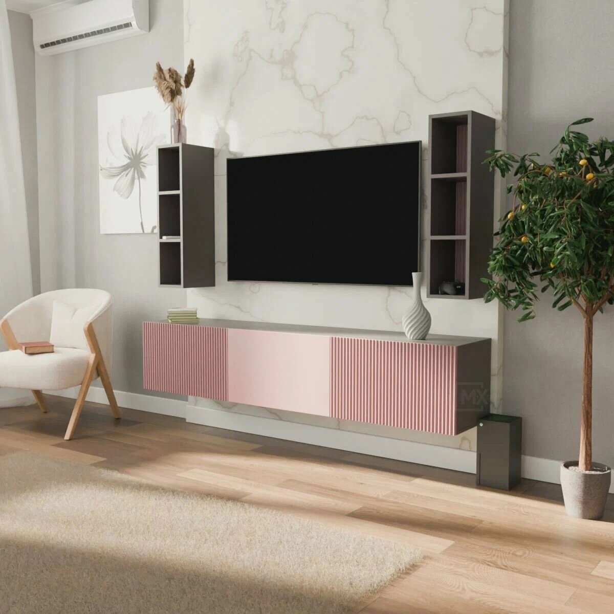 Гостиная Сириния Тумба навесная, Серый графит/Пудра матовый , с полками, дверцами, 1920х388х380 тэкс