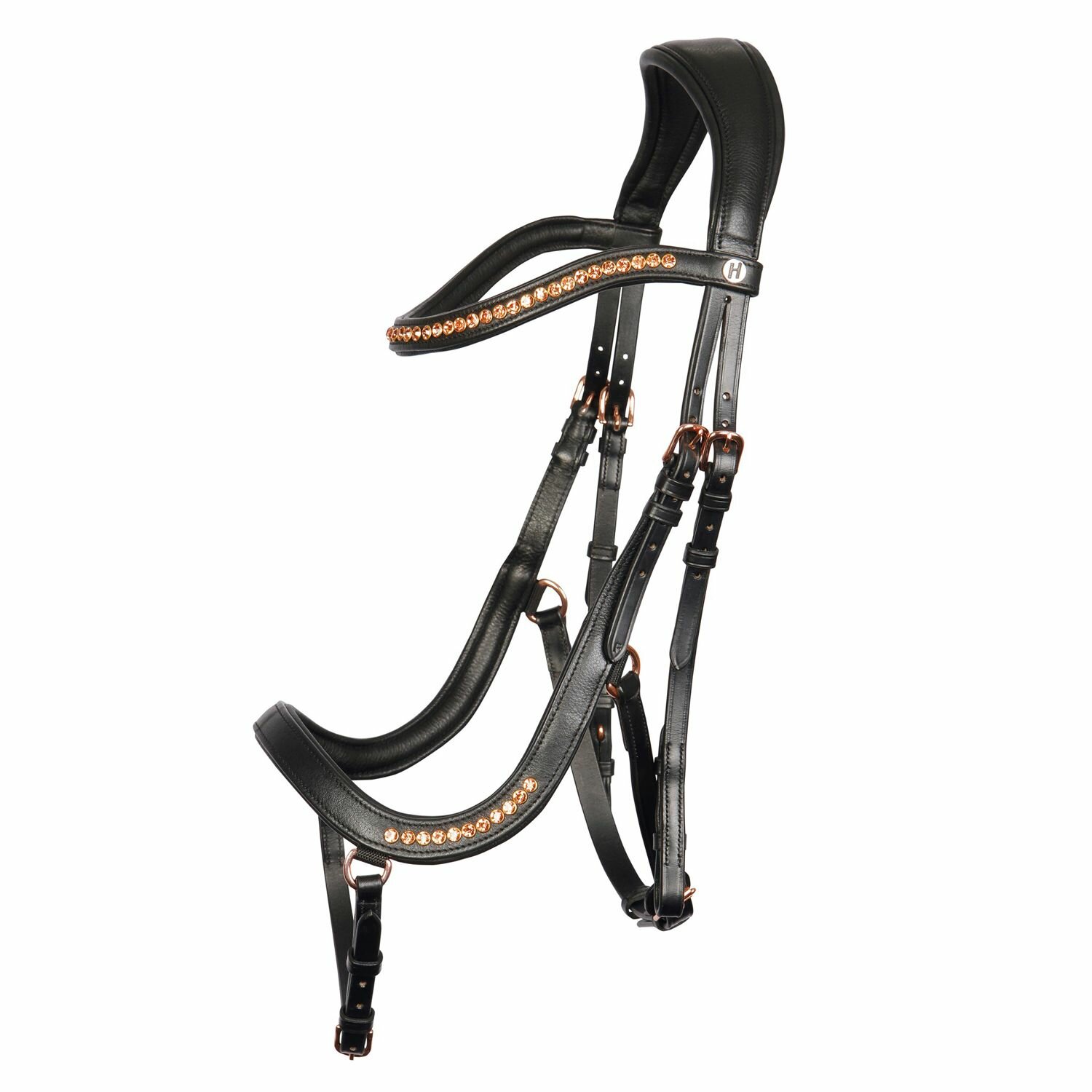 Уздечка для лошади Rosegold от Harry's Horse с анатомическим капсюлем и камнями цвета розовое золото, цвет черный, размер Full, повод входит в комплект