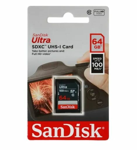 Карта памяти SanDisk Ultra SDXC 64 ГБ (SDSDUNR-064G-GN3IN) - Class 10, запись - 100 Мбайт/сек, чтение - 100 Мбайт/сек