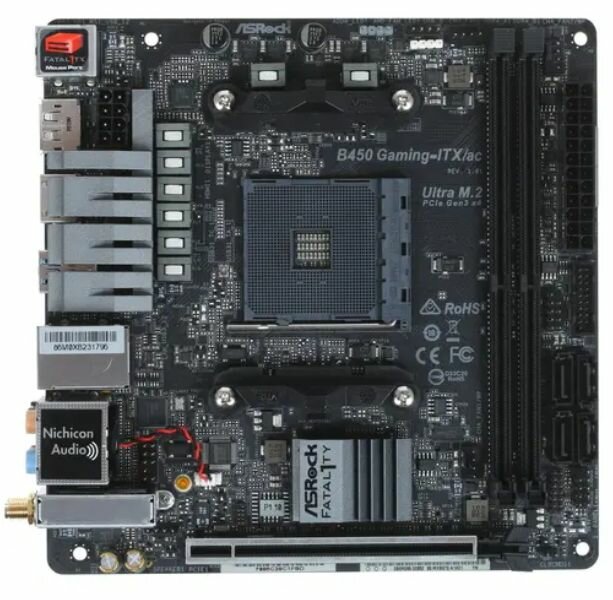 Материнская плата ASRock Fatal1ty B450 Gaming-ITX/ac (Fatal1ty B450 Gaming-ITX/ac) - AM4, AMD B450, 2хDDR4-3200 МГц, 1хPCI-Ex16, 1хM.2, Mini-ITX