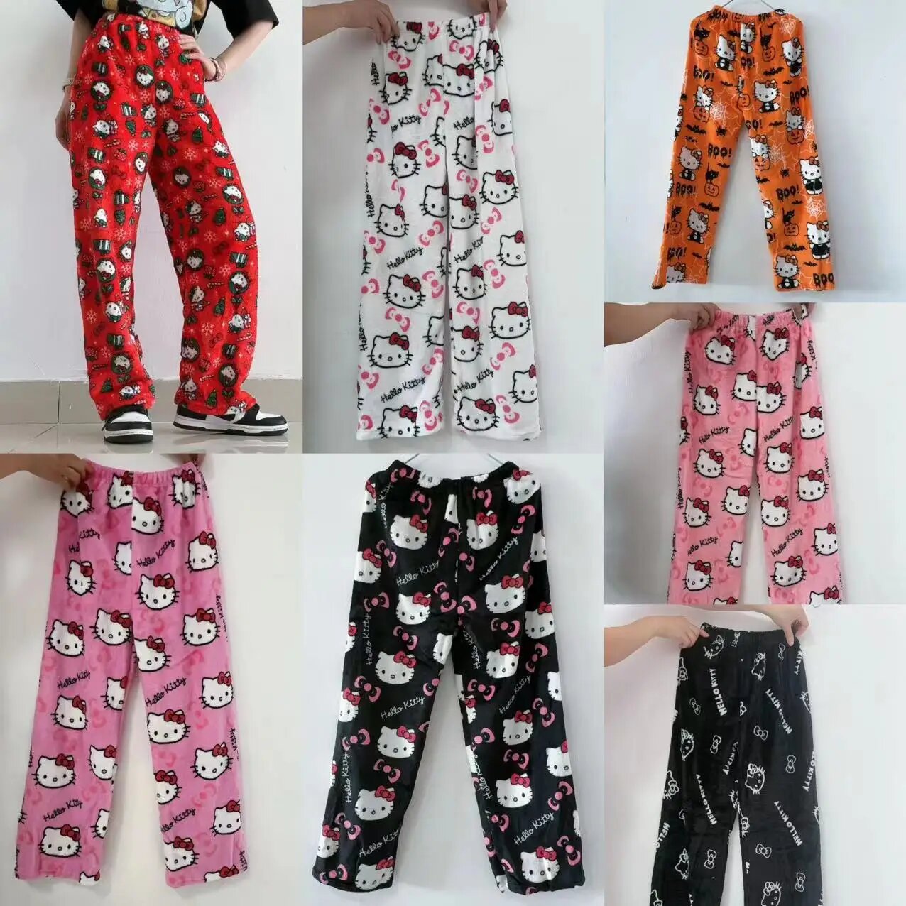 Пижама Sanrio Hello Kitty Y2k Kawaii из фланели, женские теплые шерстяные повседневные домашние брюки с рисунком из мультфильмов, модные брюки на осень и зиму, Size: S 30-38KG