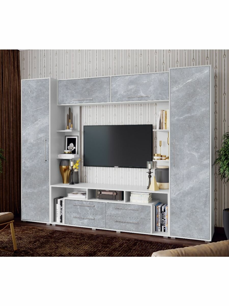 Гостиная Гармония МДФ/ЛДСП 2700х2100х440, Белый/Мрамор глянец, МИФ