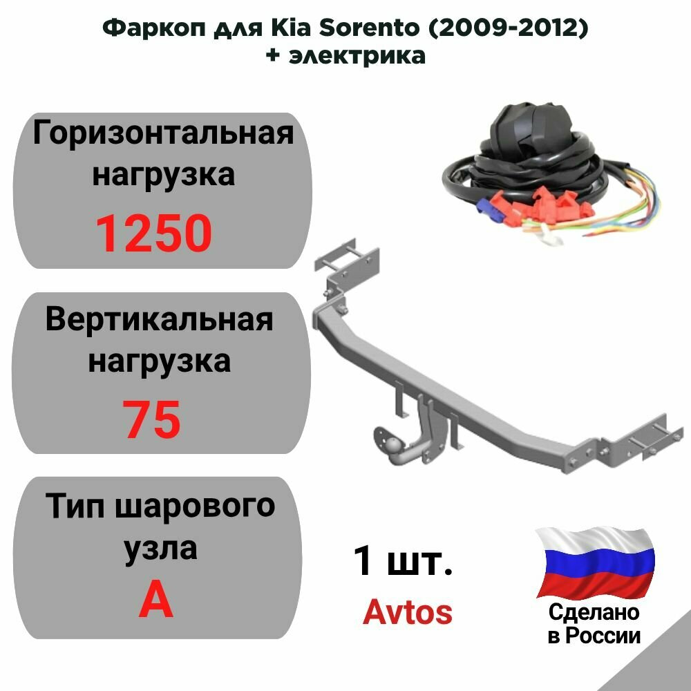 Фаркоп для Kia Sorento (2009-2012) +электрика "AvtoS" KI17