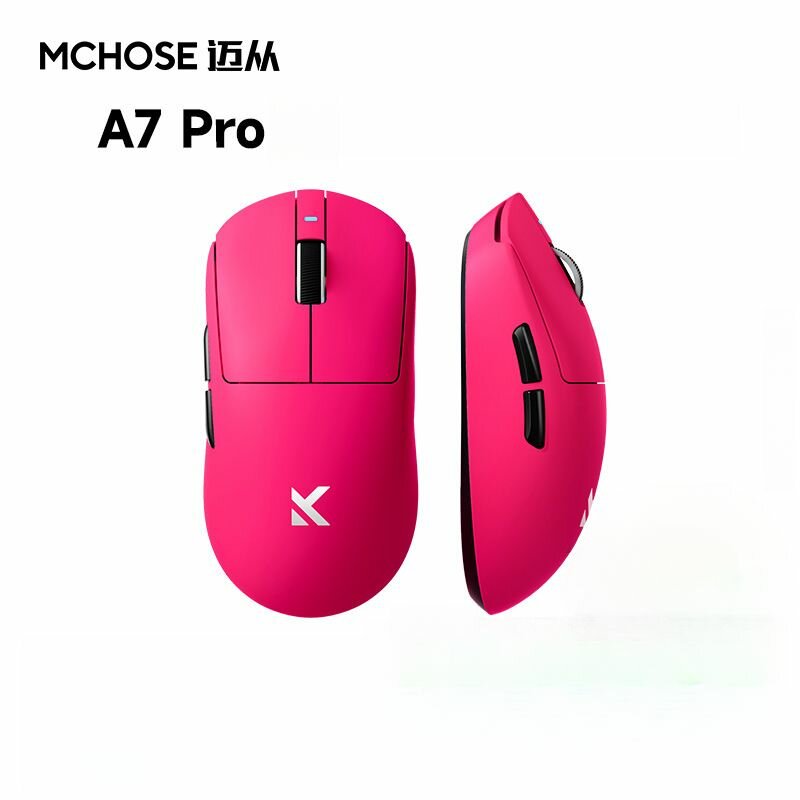 MCHOSE Игровая мышь беспроводная A7 Pro, сенсор PAW3395, Частота опроса проводная/беспроводная до 8К(Содержит 8к ресивер для мышек), Проводной/2.4G/BT, розовый