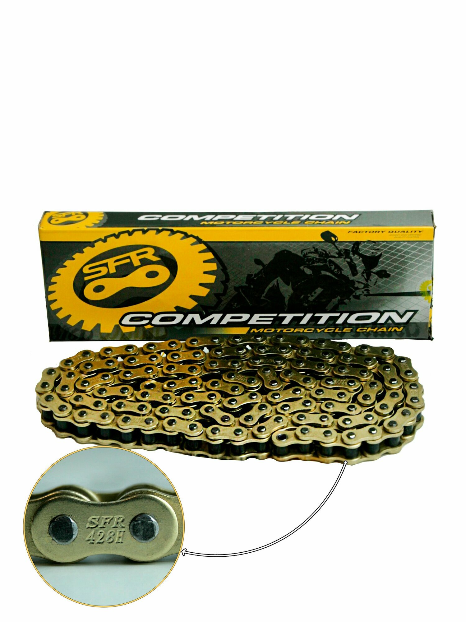 Цепь приводная 428 x 120 звеньев усиленная SFR Gold для питбайка / мотоцикла с замком