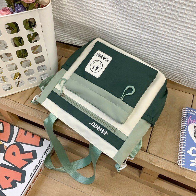 Trendy student shoulder bag with fashionable color blocked letter printed green shoulder bag