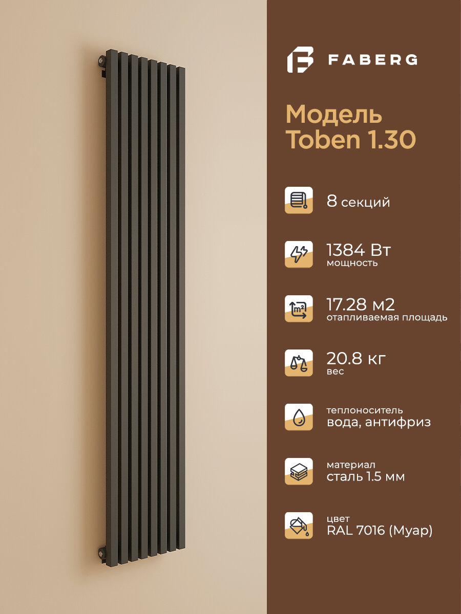 Трубчатый радиатор отопления Toben 1/30 от Faberg, 8 секций, RAL7016. Подключение: Нижнее. Высота 1800мм, ширина 360мм