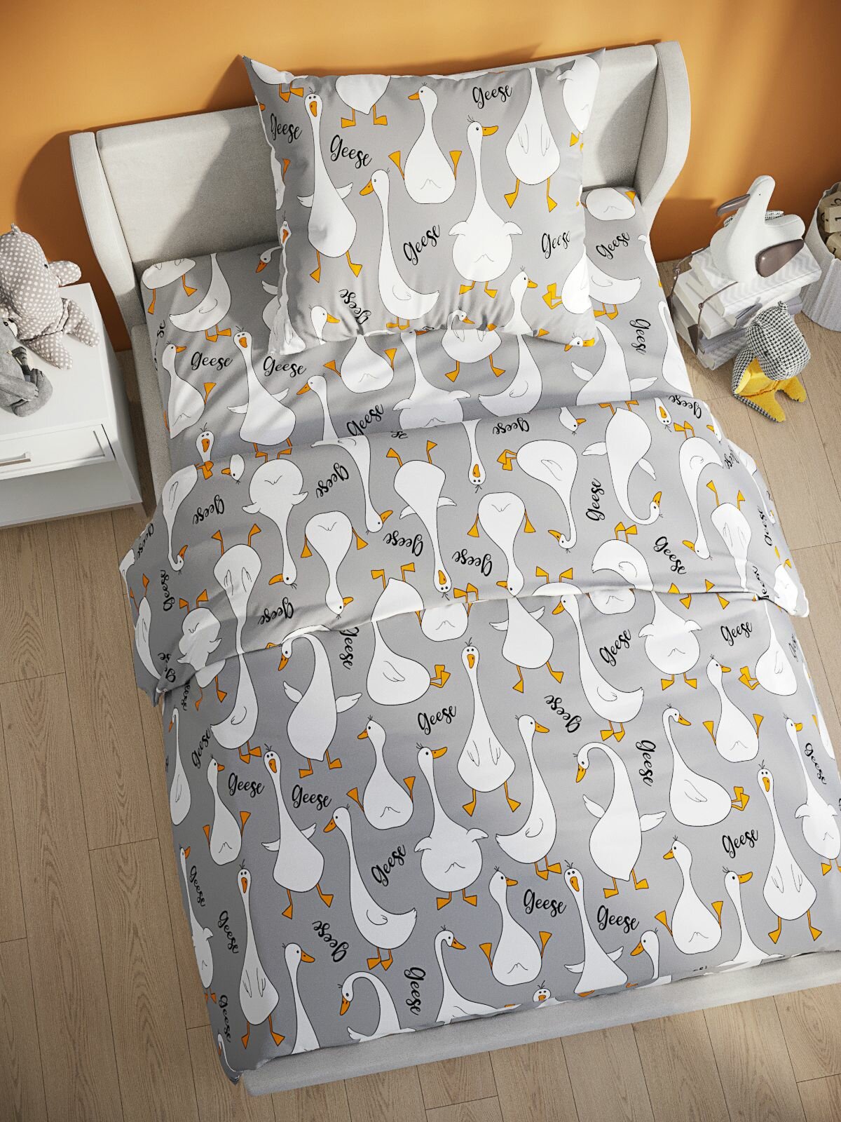 Постельное белье TimeLess "Гуси на сером" 1,5-спальный на молнии Наволочка 50х70 см 1 шт Простынь на резинке 90х200 см Пододеяльник 145х205 см поплин