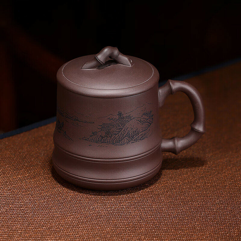 Bai Nian Li Yong Yixing Zisha Gai Cup, Pure Handmade, Original Ore Purple Clay, Bamboo-Style Cup, Kung Fu Tea Set, Office Tea Brewing Cup, 520ml