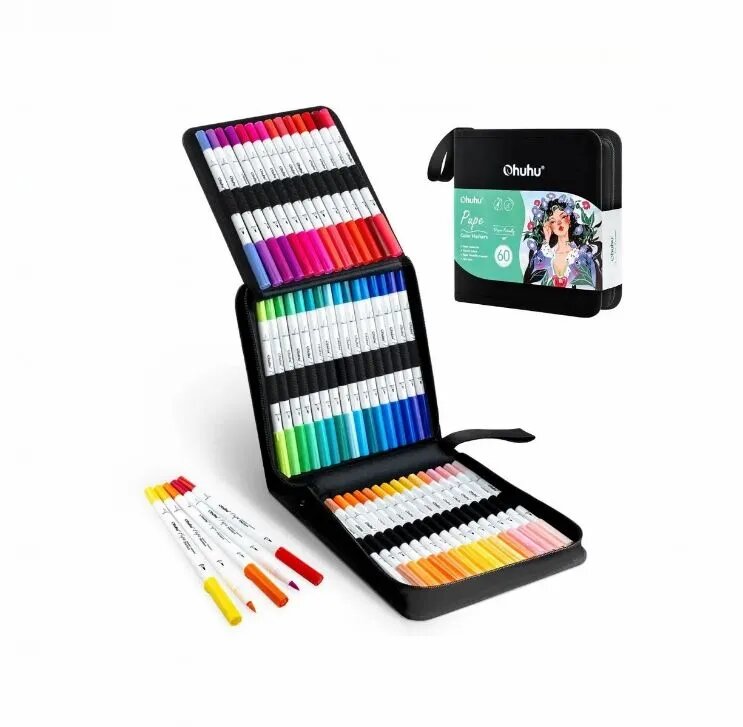 Набор художественных маркеров Ohuhu Pupe 60 цветов для скетчинга, рисования в чехле