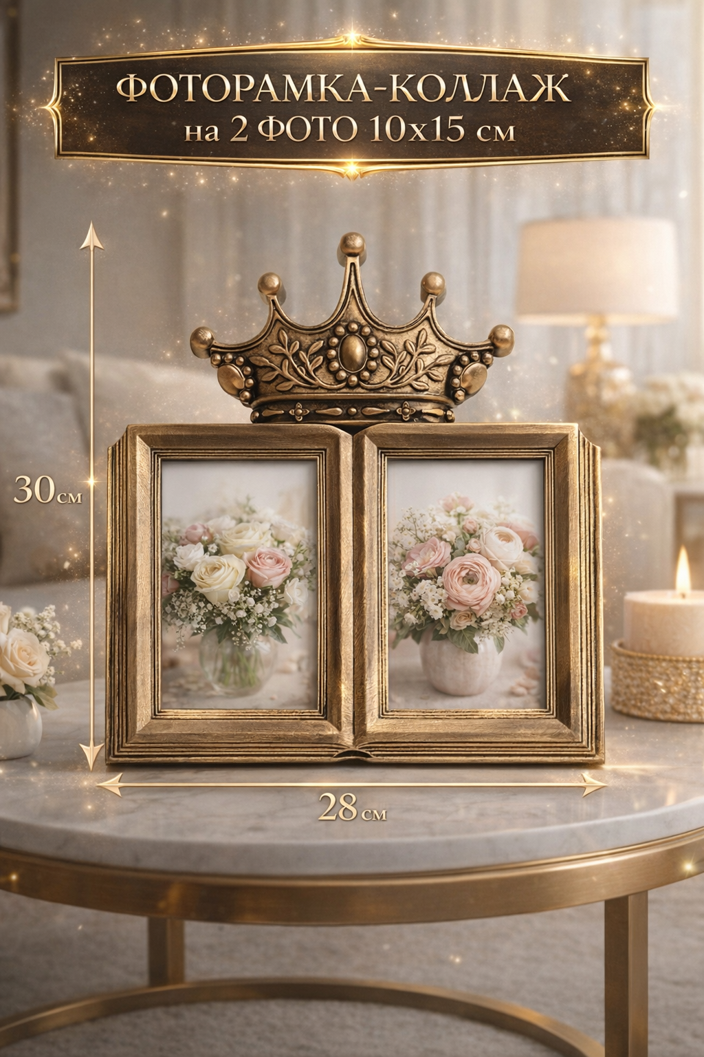 Фоторамка-коллаж на 2 фото 10×15 см "Корона" размер 30×28 см, цвет золото