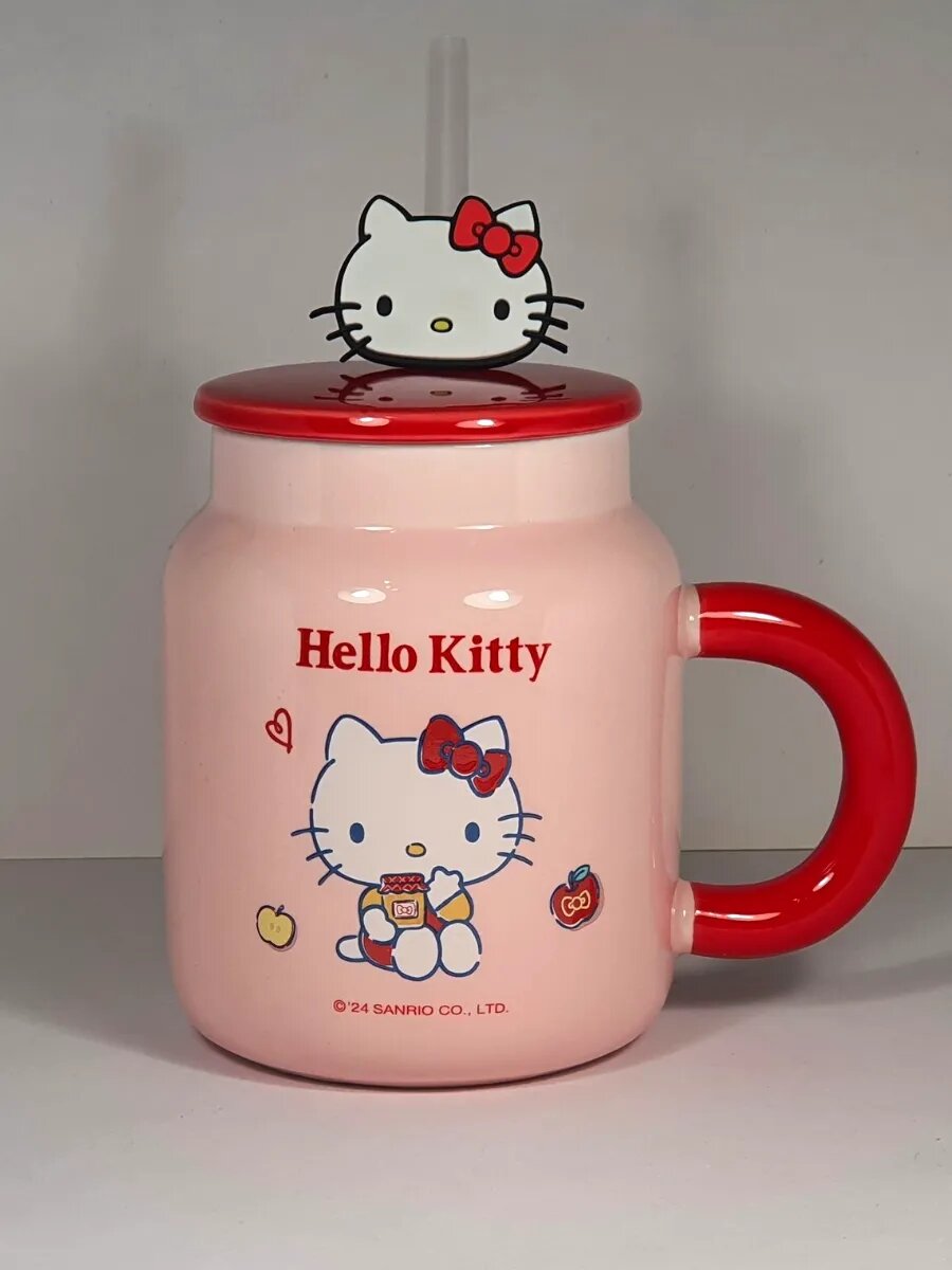 Кружка Hello Kitty керамическая с крышкой и трубочкой для горячих и холодных напитков