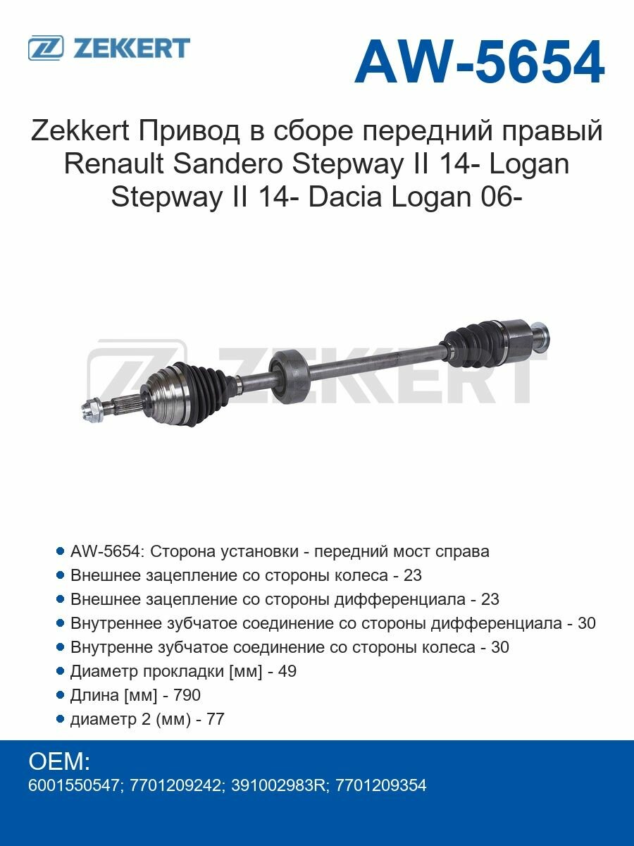 Zekkert Привод в сборе передний правый Renault Sandero Stepway II 14- Logan Stepway II 14- Dacia Logan 06-