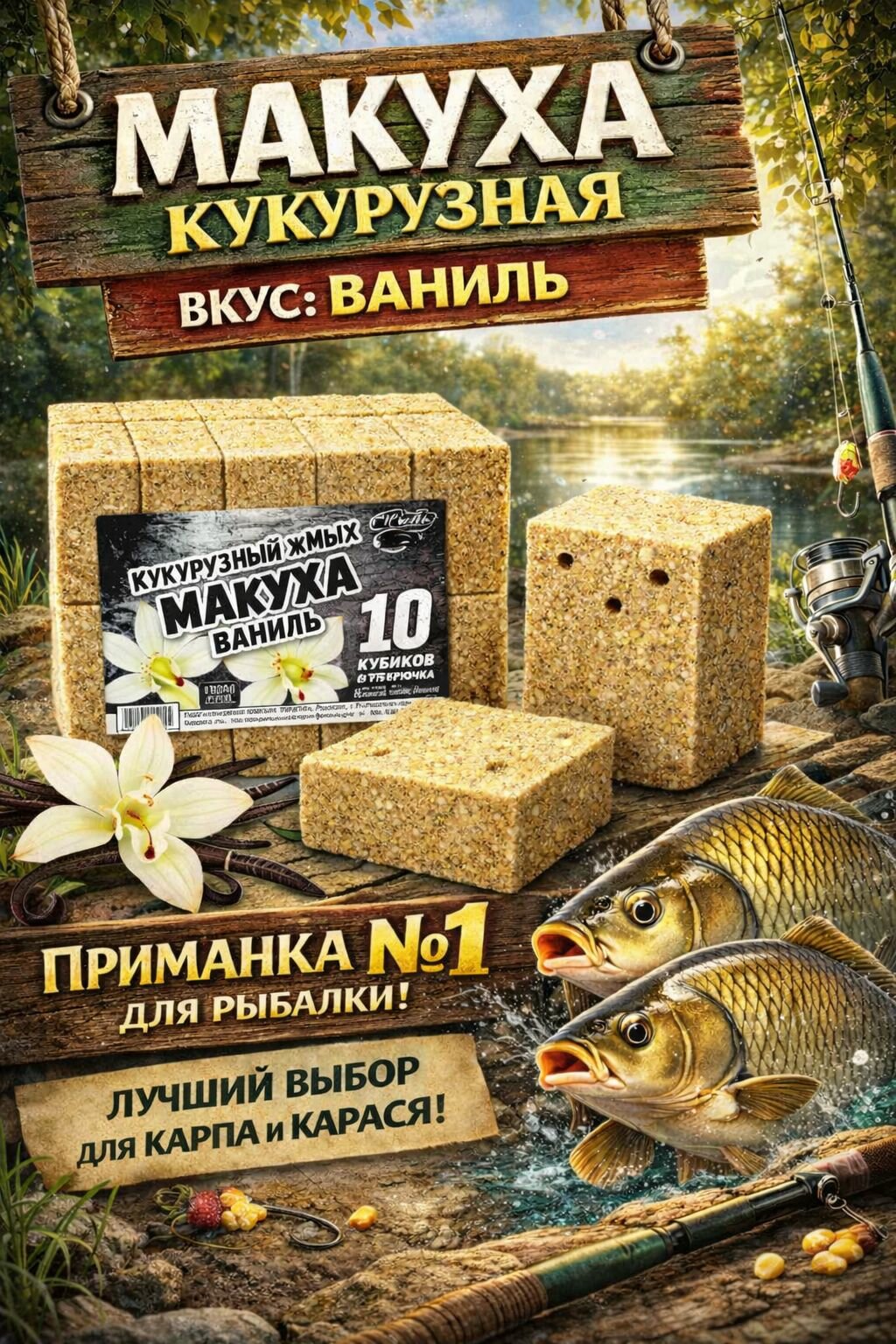 Кукурузный жмых-макуха с отверстиями для крючка "Ваниль" 10 кубиков / 320г
