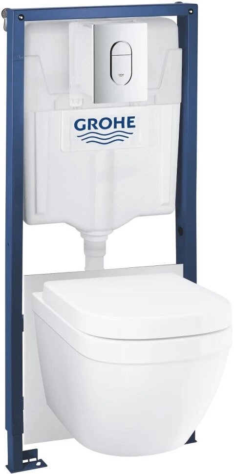Комплект инсталляция с унитазом Grohe Rapid SL 36501000 с кнопкой смыва, хром + унитаз подвесной Grohe Euro Ceramic безободковый, торнадо, с сиденьем микролифт, альпийский белый