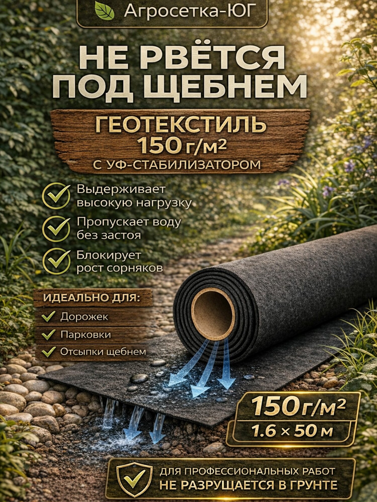Геотекстиль 150 г/м. кв. для строительных, ландшафтных, садовых работ Агросетка-Юг, 1,6 x 50, черный