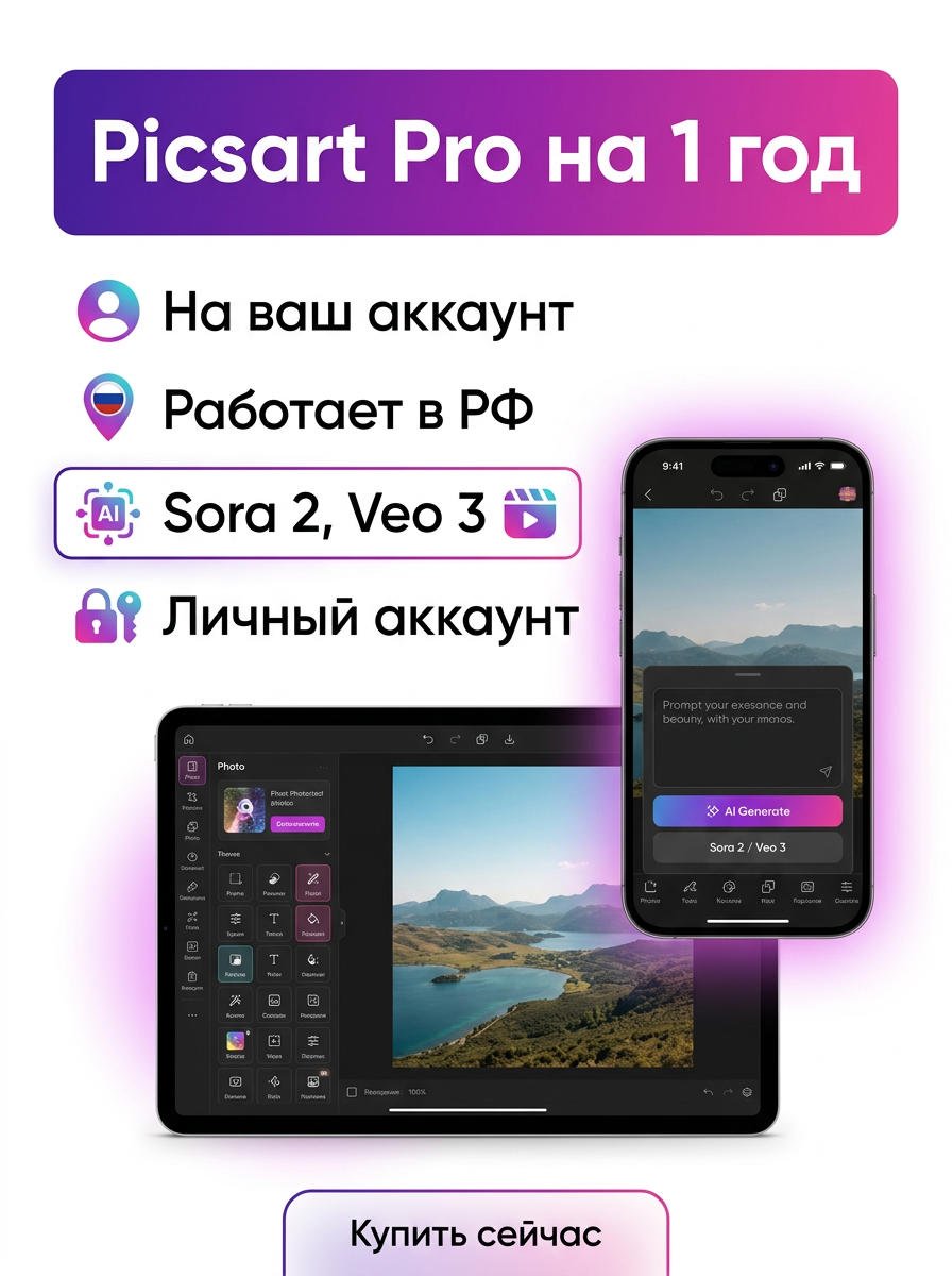 Picsart Pro на 1 год | На ваш аккаунт | Работает в РФ (Sora 2, Veo 3) | Личный аккаунт