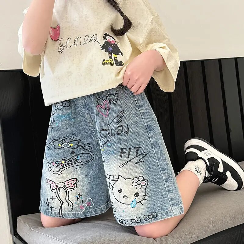 MINISO Милые джинсовые шорты Sanrios, летние, с мультяшным рисунком Hello Kitty, новый стиль, большие размеры, модные капри с принтом, повседневный и свободный крой, Детский размер: сто двадцать