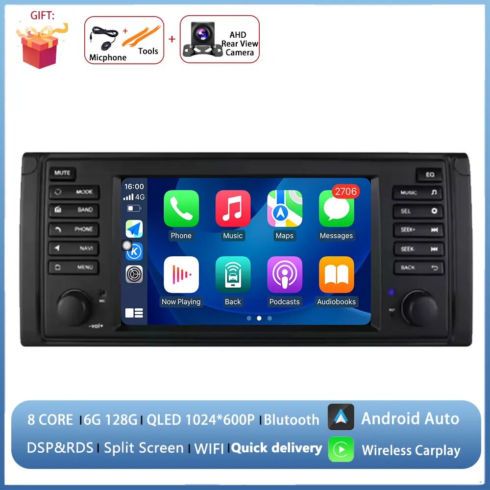 Android автомагнитола для BMW E39 1996-2003, 7" QLED, 6G 128G, CAM