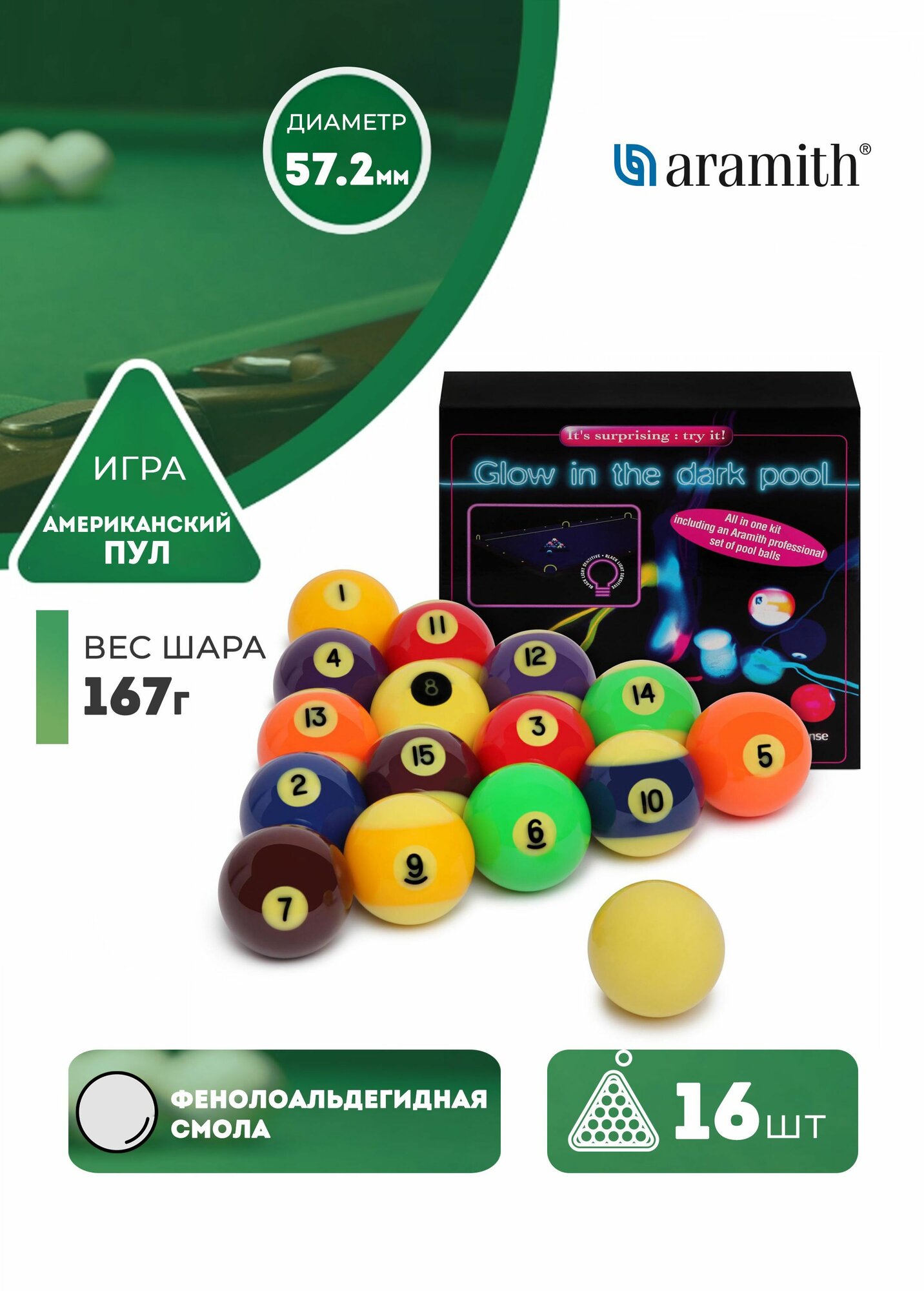 Шары для американского пула Aramith Glow in the Dark Kit Pro 57,2 мм (желтый биток)