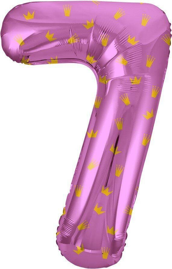 Шар (34'/86 см) Цифра, 7 Золотые короны, Розовый, 1 шт. в упак.