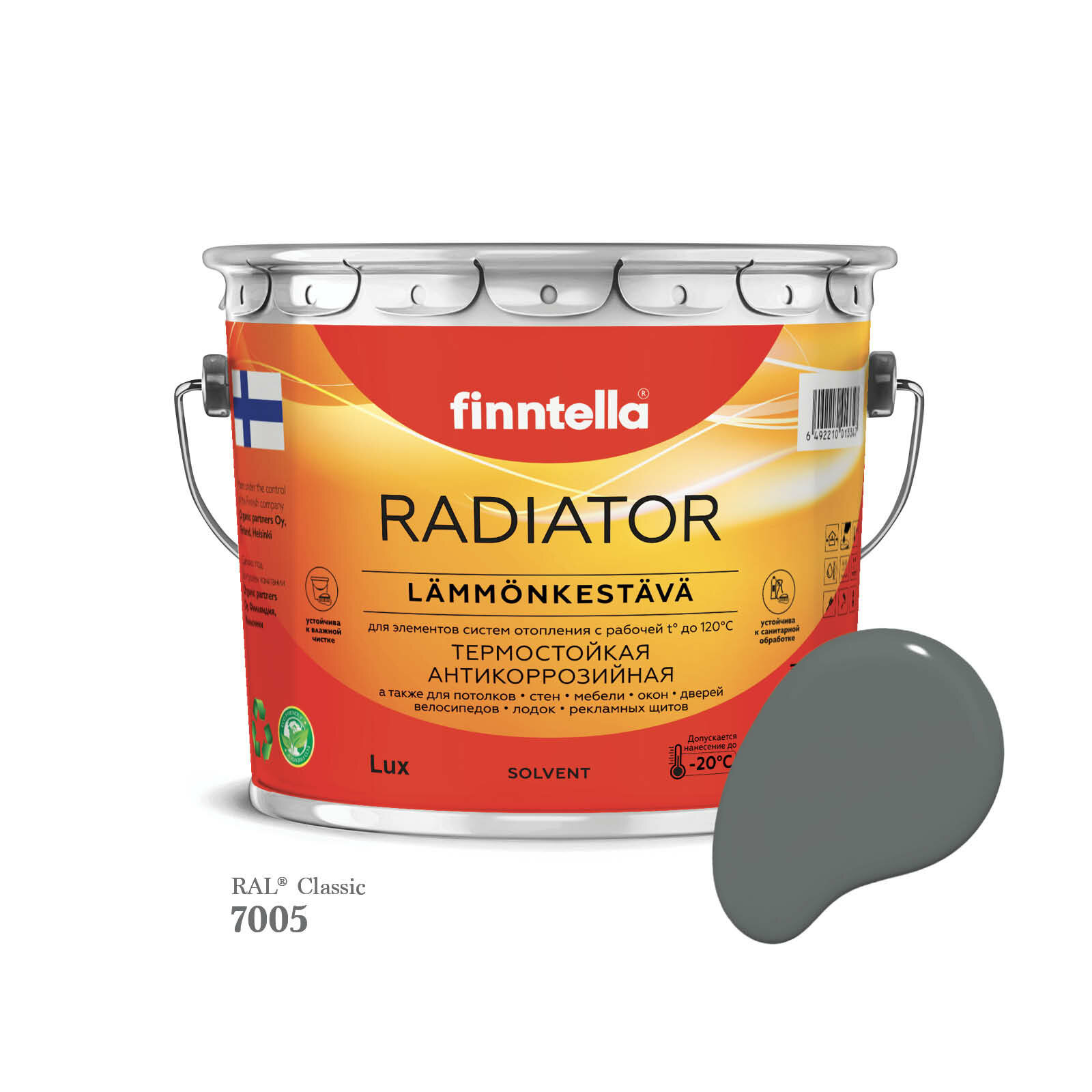 Краска для радиаторов быстросохнущая финская эмаль FINNTELLA RADIATOR, цвет RAL7005 , 2,7л