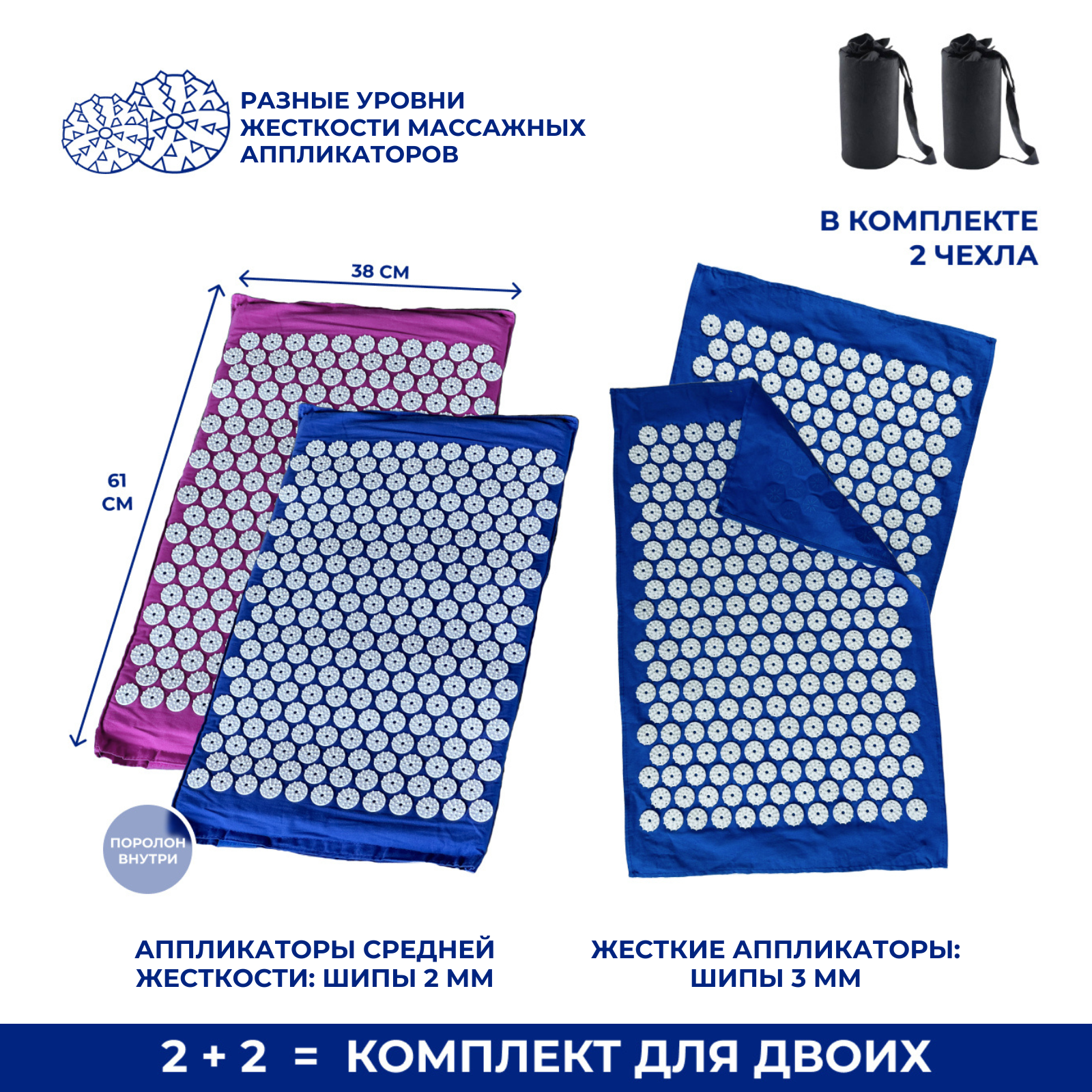 Комплект: 2 коврика (синий+фиолетовый)+ 2 чехла+2 коврика однослойных синих