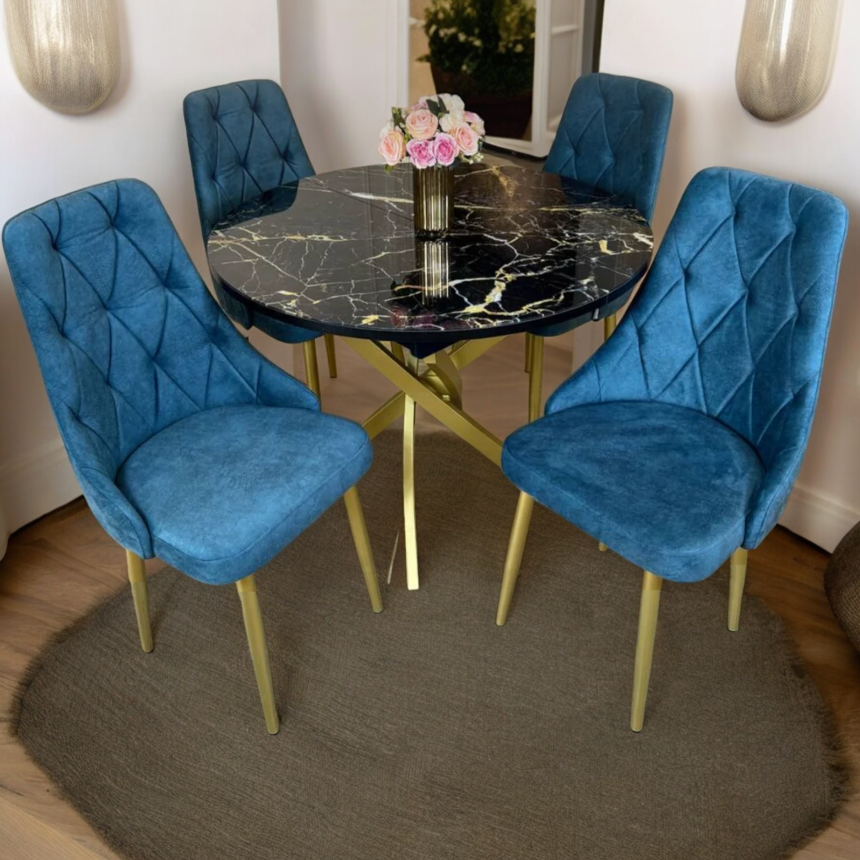 Обеденная группа NGVK Лакшери черный мрамор стулья Кресло Синий