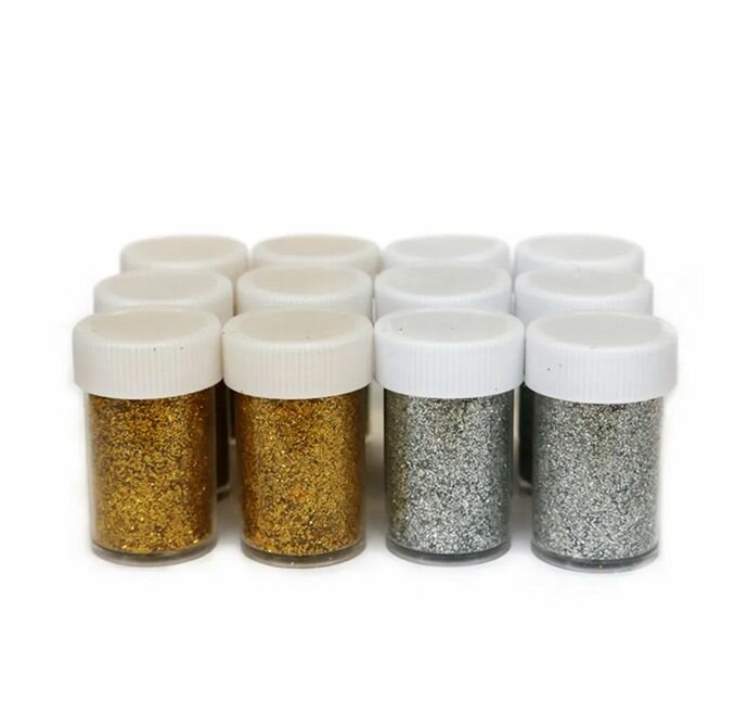 Блестки для творчества, глиттер в баночках, 12 шт, золото и серебро